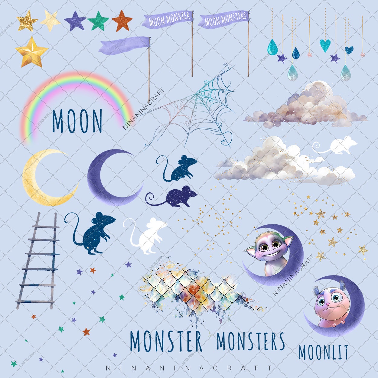 Cute Moon Monsters Clip Art Pack, Stars Clipart by Ninaninacraft ...