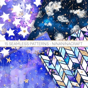 Starry Night 2 Digital Papers, Galaxy Seamless Patterns, Neon Sky ...