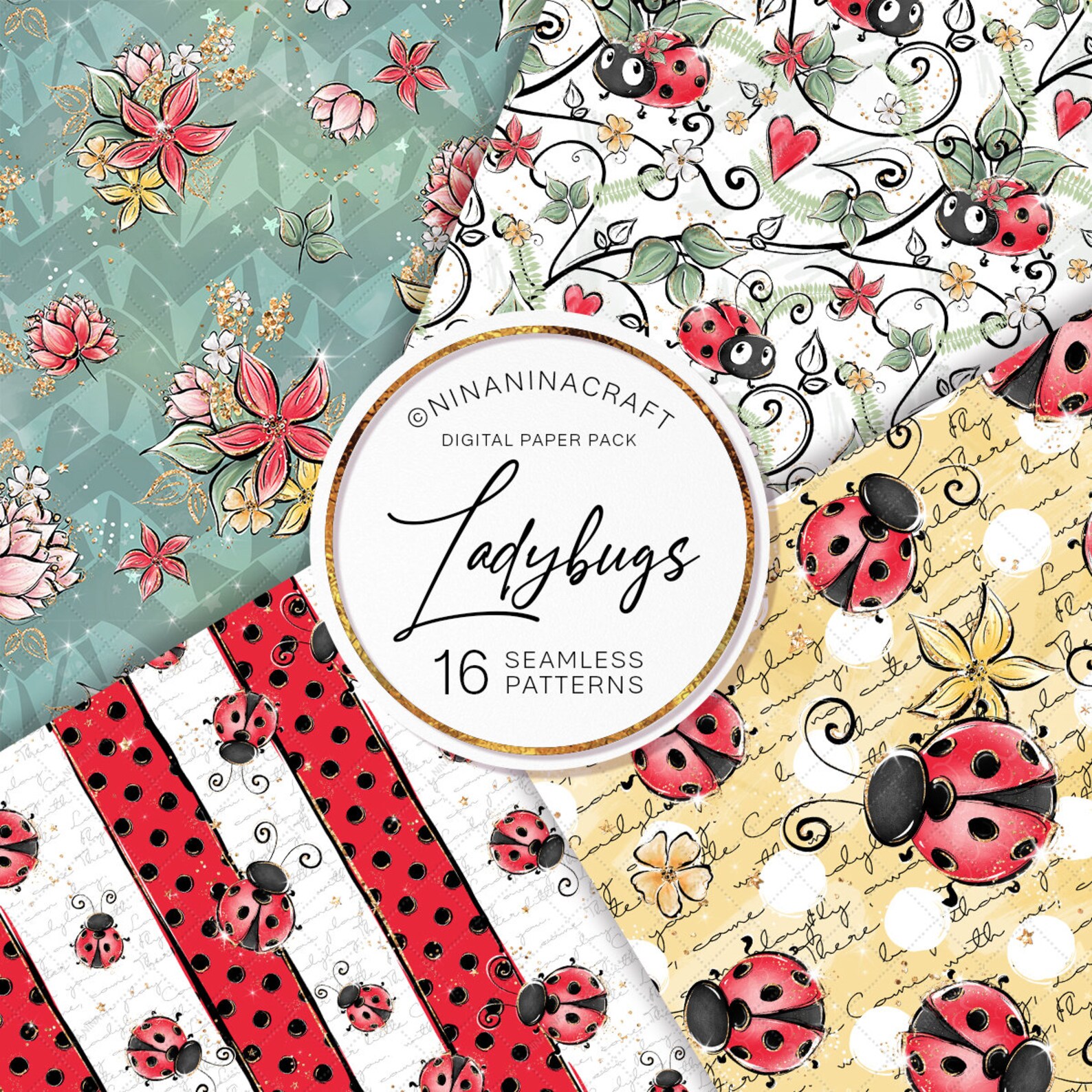 Cute Ladybug Digital Papers, Ladybird Patterns by Ninaninacraft ...