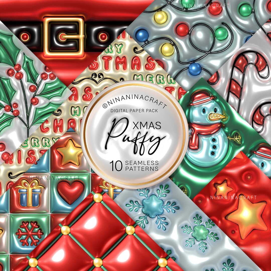 3D Inflated Puff Christmas Seamless Pattern Pack, Bubble Puffy Wrap ...