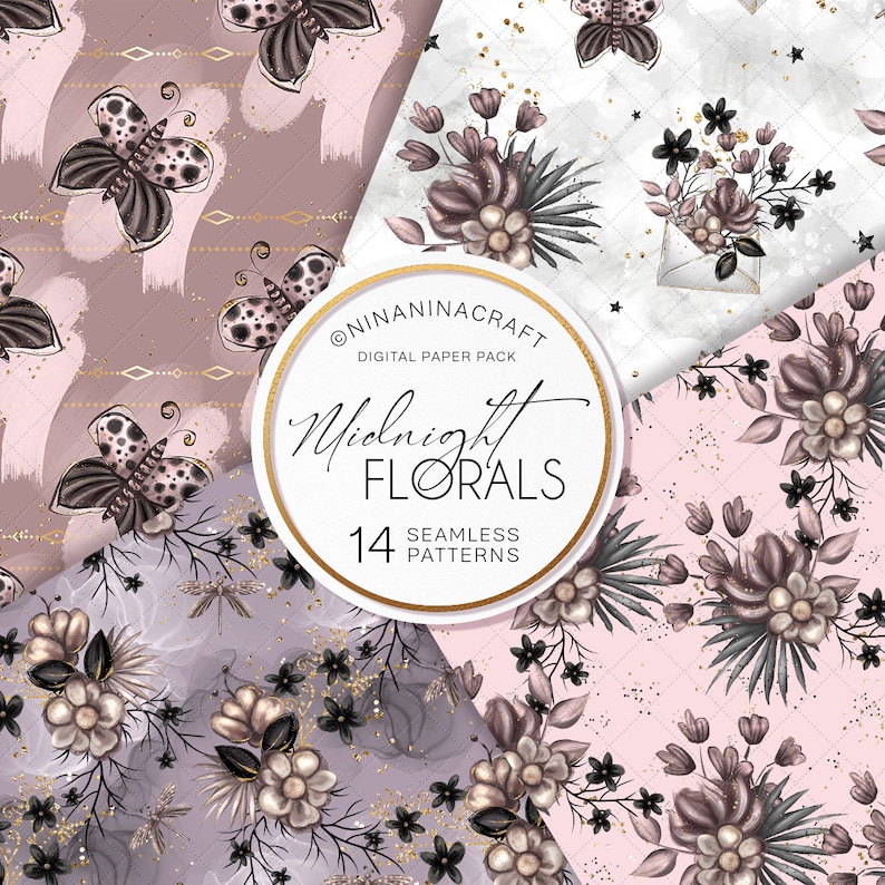 Glittery Florals Digital Paper, Dark Pretty Flowers Seamless Patterns ...