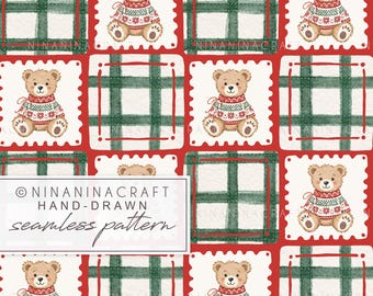 Christmas Teddy Bear Seamless Pattern by Ninaninacraft: Pink and Green ...