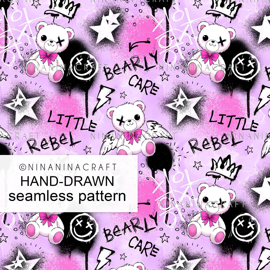 Cute Bear Glam Punk Seamless Pattern, Pink Emo Fabric Design by ...