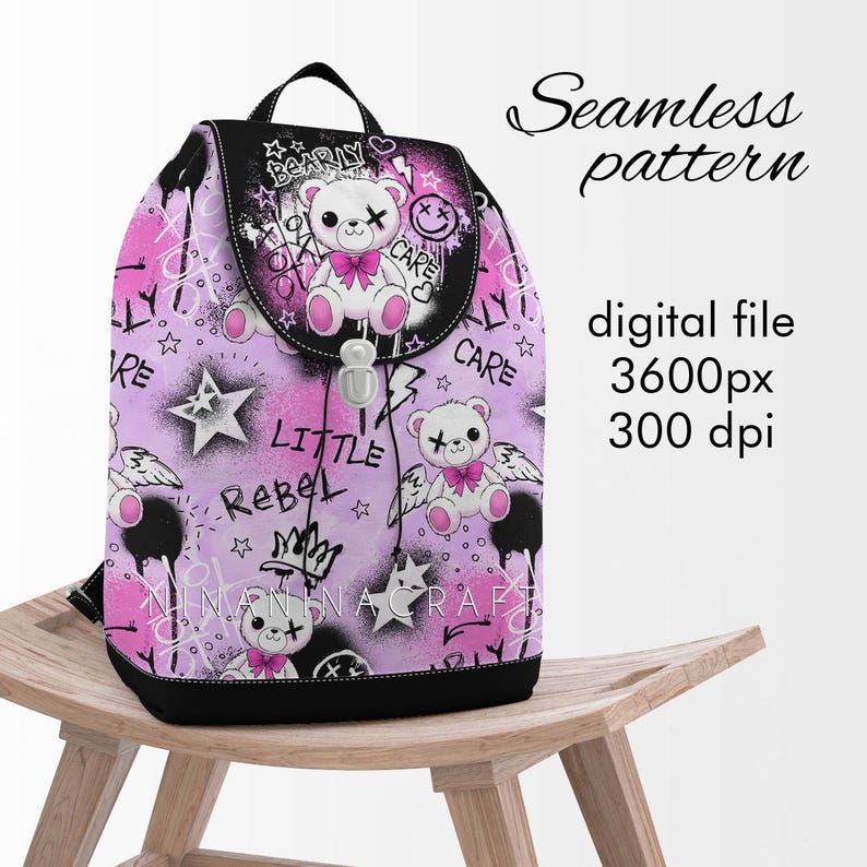 Cute Bear Glam Punk Seamless Pattern, Pink Emo Fabric Design by ...