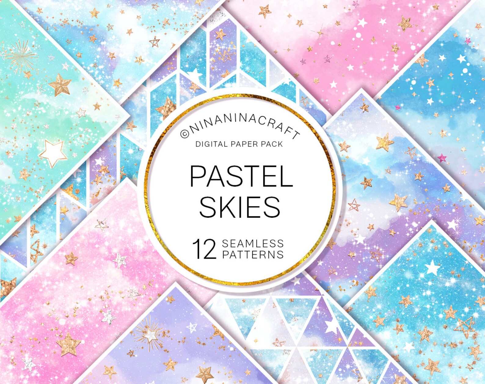 Pastel Galaxy Digital Papers, Stars Seamless Patterns, Gold Glitter Sky ...