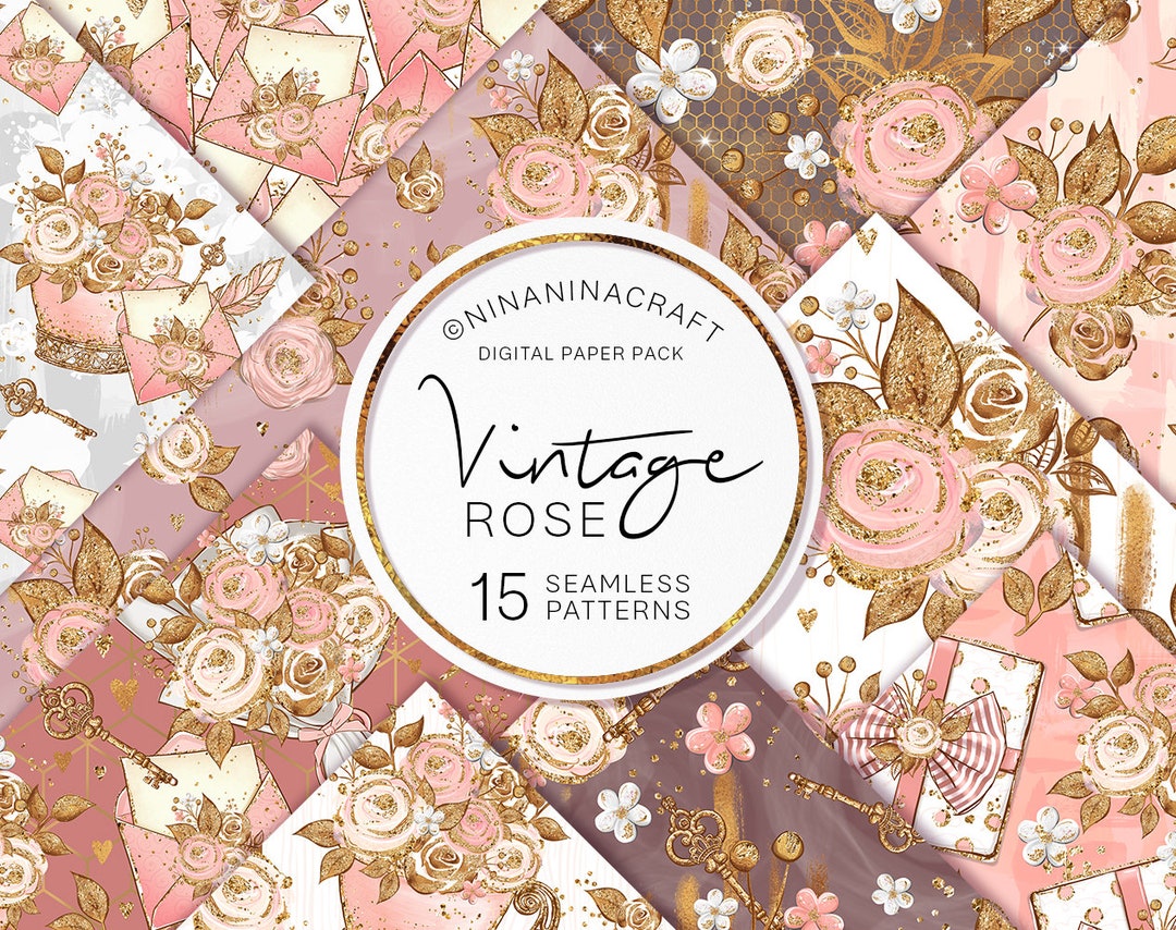 15 Vintage Roses Digital Papers, Flowers Rose Gold Seamless Pattern ...
