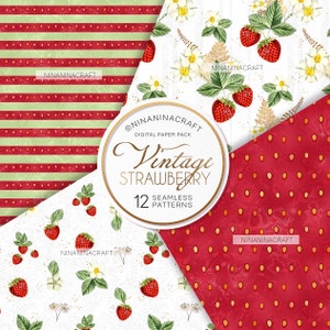 Vintage Strawberry Seamless Patterns, Retro Floral Digital Papers by ...