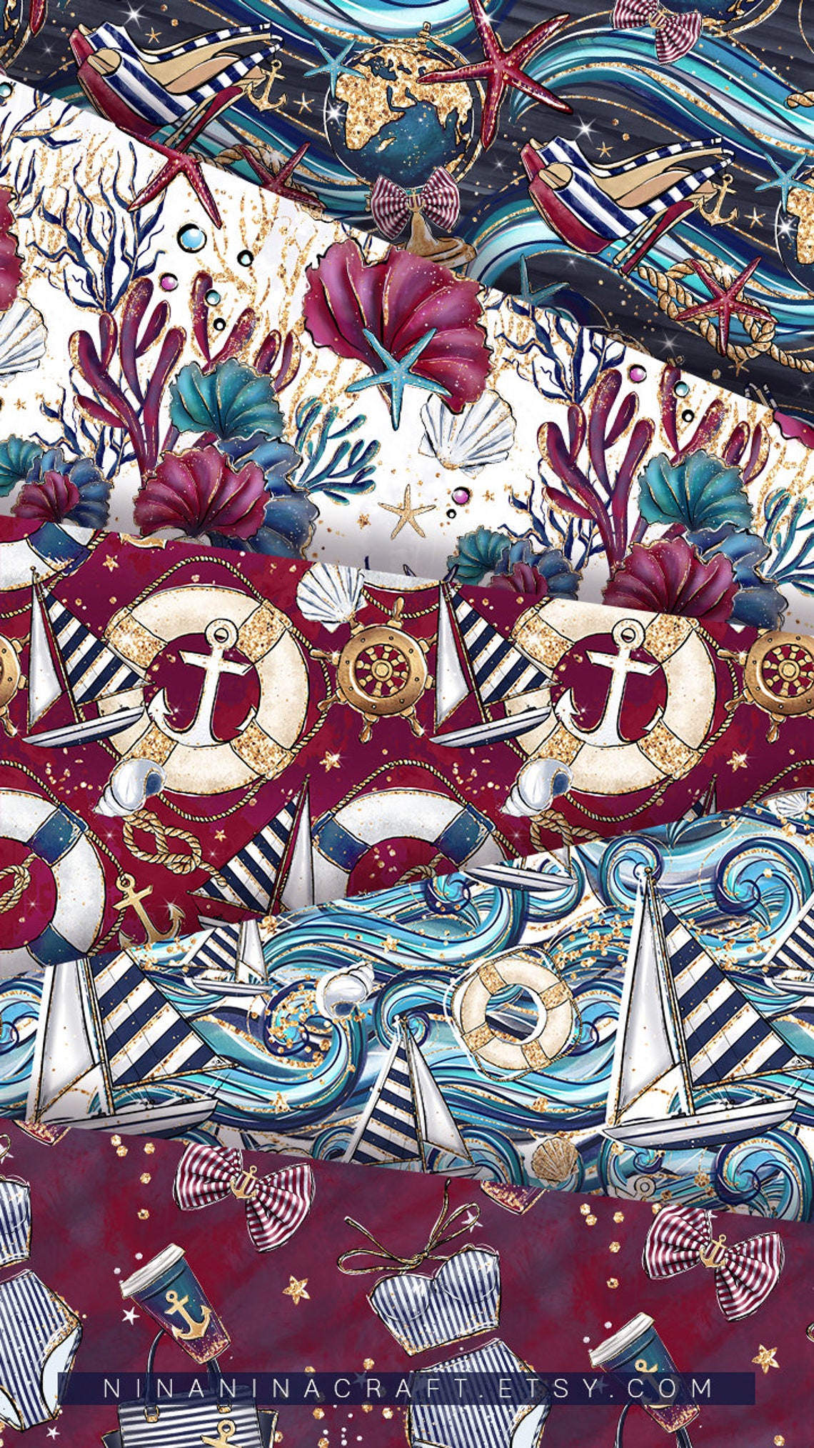 15 Nautical Digital Papers Dark Sea Seamless Patterns Summer | Etsy