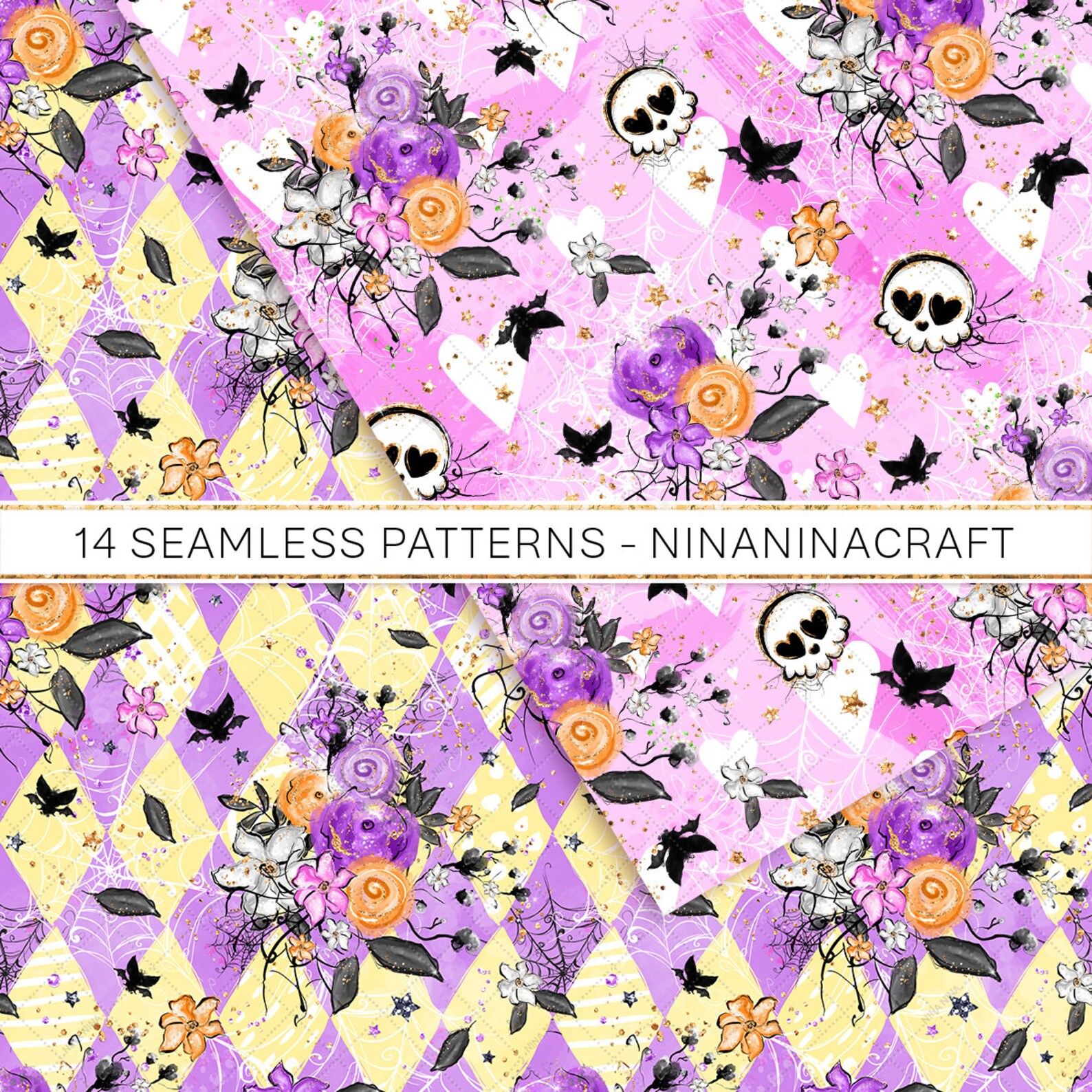 Halloween Flowers Digital Paper Pack, Cute Spooky Floral Seamless ...