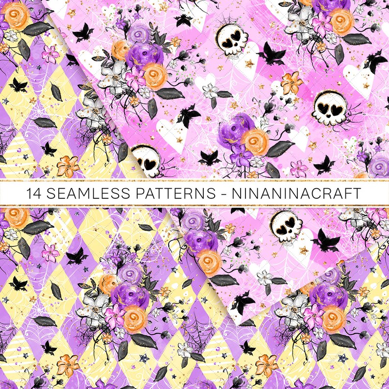 Halloween Flowers Digital Paper Pack, Cute Spooky Floral Seamless ...