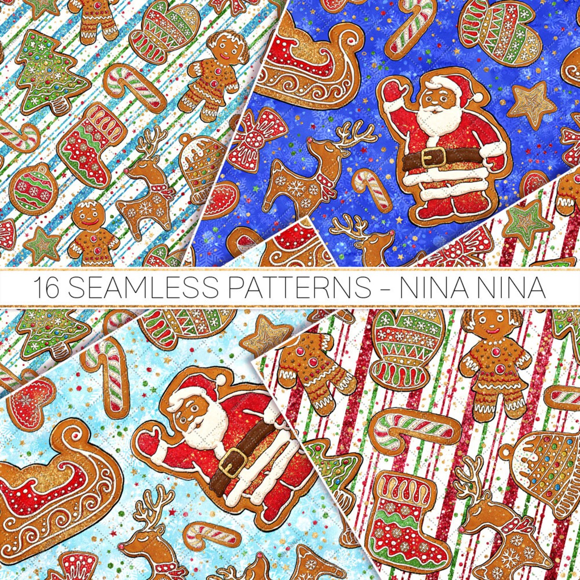Christmas Digital Papers Pack, Gingerbread, Cute Santa Claus Seamless ...