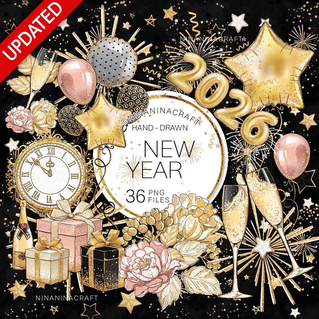 New Year Clipart, New Year's Planner Stickers, Party Clip Art, Gold ...