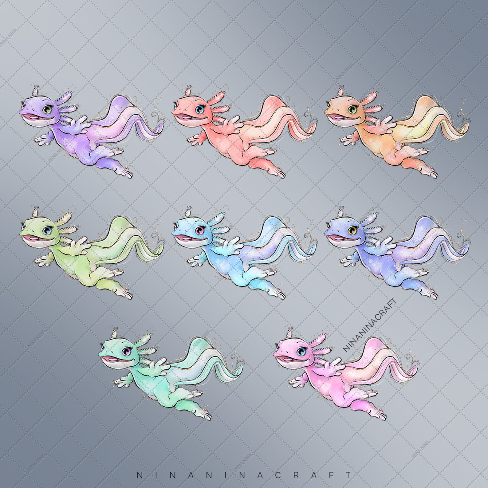 Colorful Axolotls Clip Art, Cute Rainbow Axolotls Clipart by ...