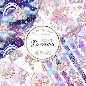 Cute Baby Unicorns and Rainbows Digital Paper Pack, Nursery Seamless ...