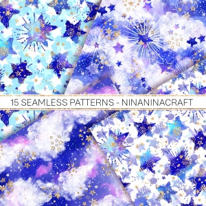 Starry Night 2 Digital Papers, Galaxy Seamless Patterns, Neon Sky ...