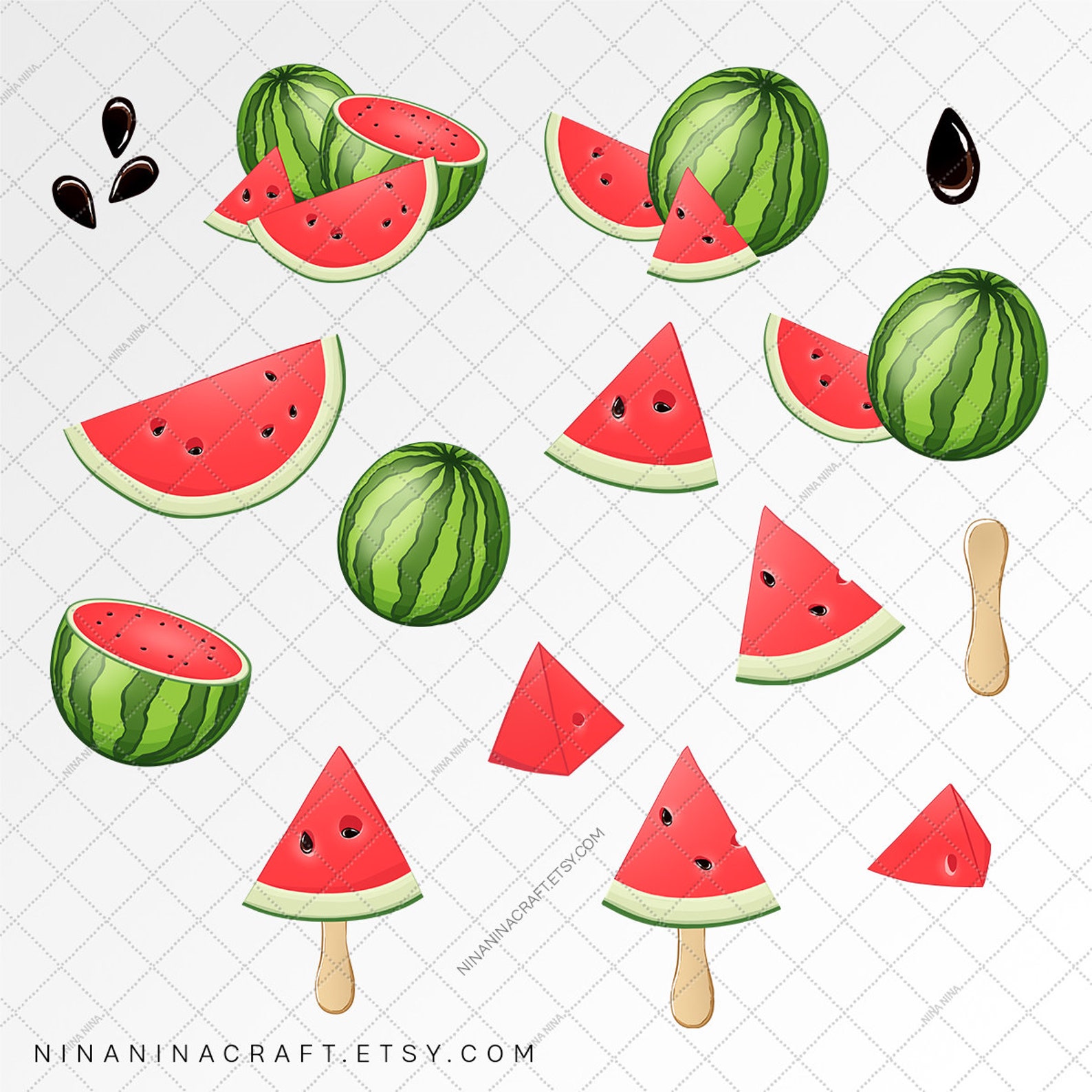 Red - Green Cute Watermelon Clip Art, Watermelon Digital Papers, Summer ...