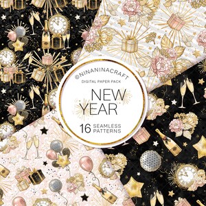 New Year Digital Paper Pack, Peony Flowers Seamless Patterns, Party ...