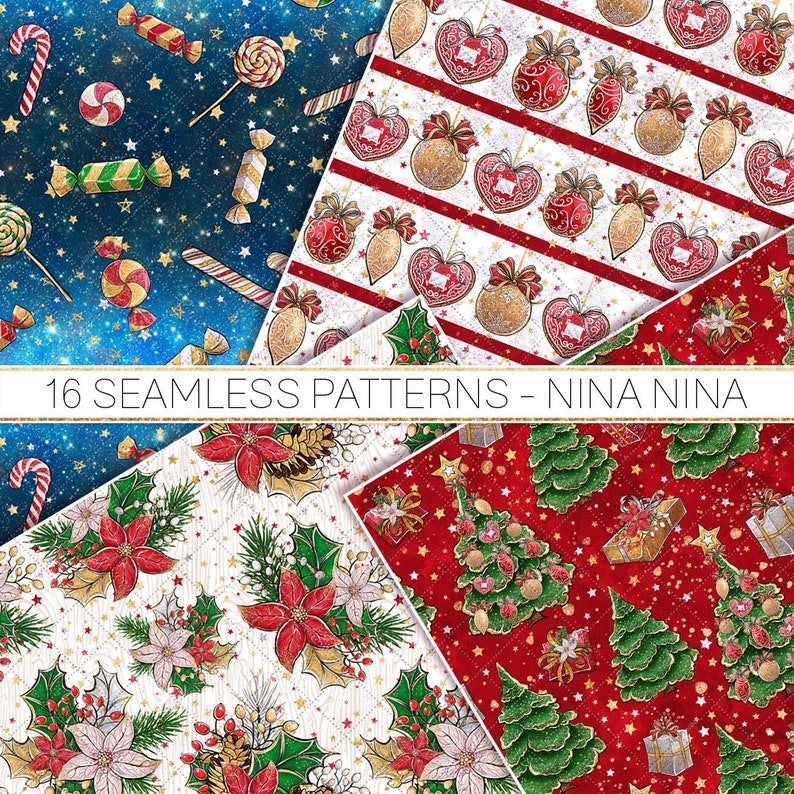 Cute Christmas Basic Digital Paper Pack, Seamless Patterns, Xmas Fabric ...