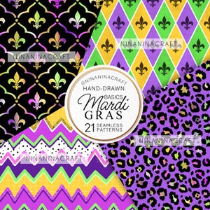 Mardi Gras Digital Paper Pack by Ninaninacraft, Hand Drawn Seamless ...