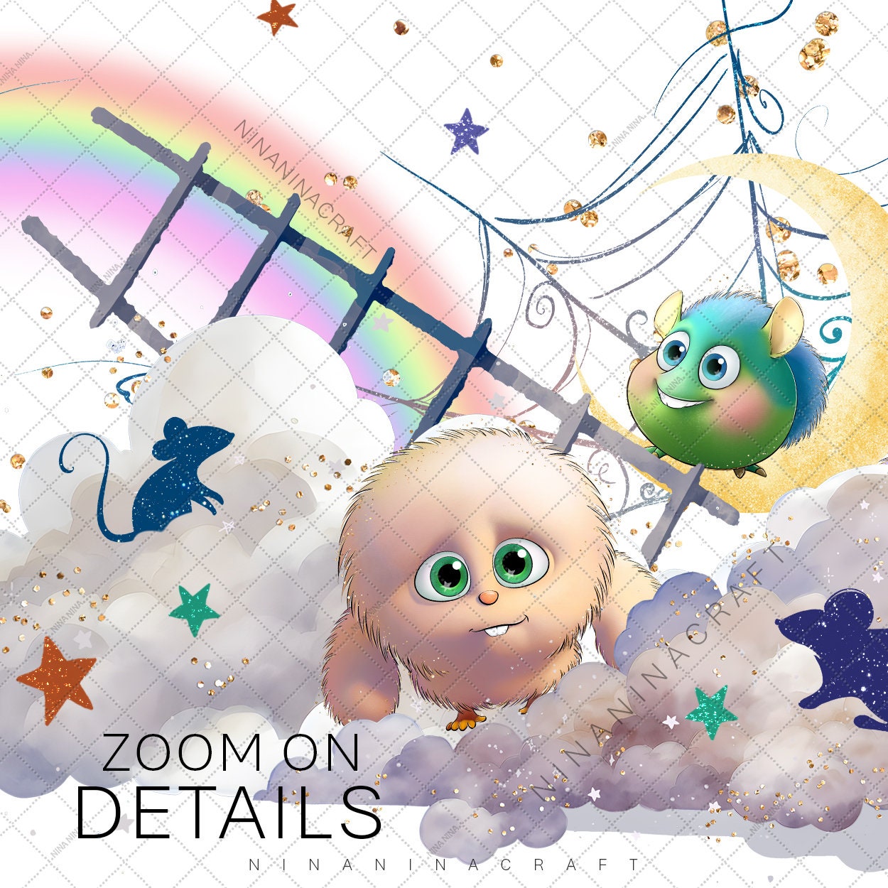 Cute Moon Monsters Clip Art Pack, Stars Clipart by Ninaninacraft ...