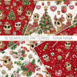 Cute Christmas Owls Digital Papers, Glitter Seamless Patterns ...