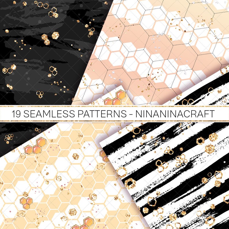 Honey Bee Digital Papers Basics, Gold Glitter Flowers, Fashion Seamless ...
