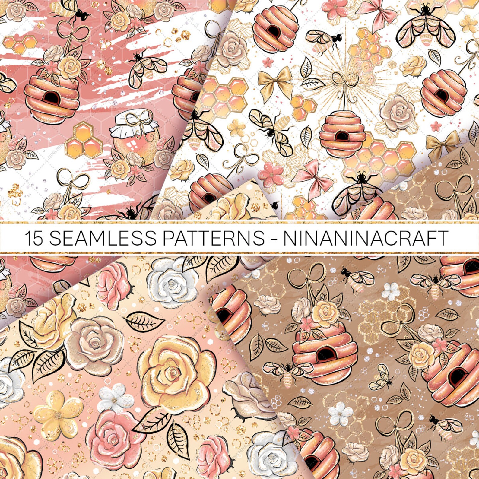 Honey Bee Digital Papers, Fashion Seamless Patterns, Gold Glitter ...