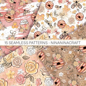 Honey Bee Digital Papers, Fashion Seamless Patterns, Gold Glitter ...