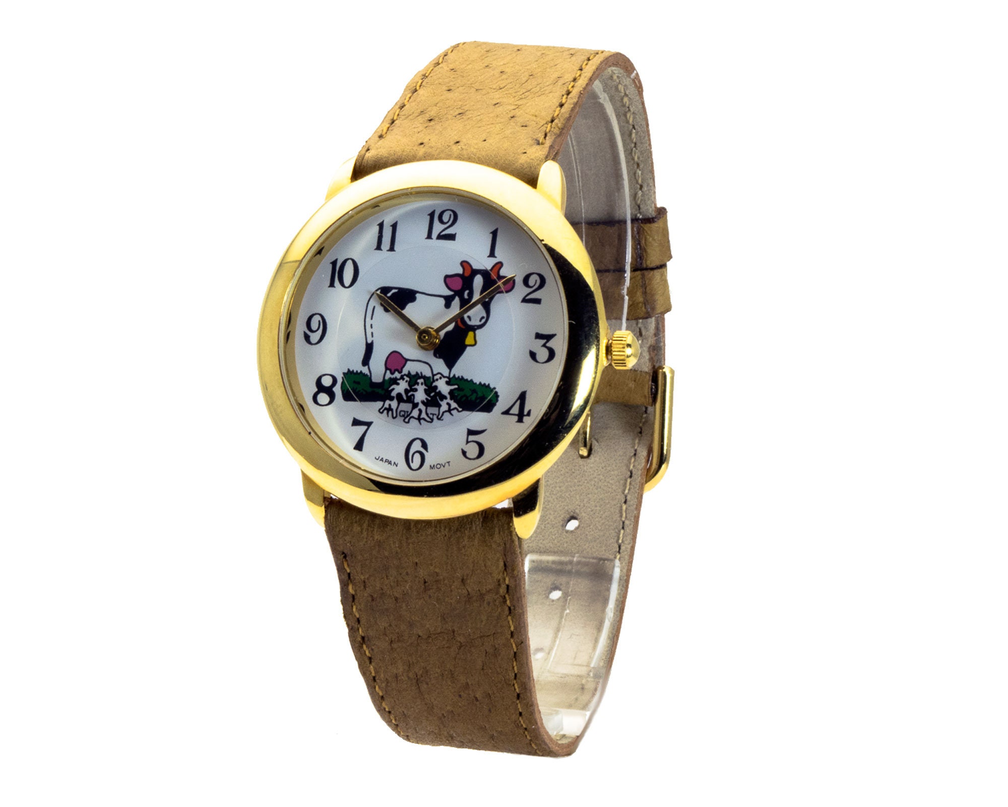 COW MOVING WATCH, Wrist Cow Face Watch. Camal Brown Genuine Leather ...