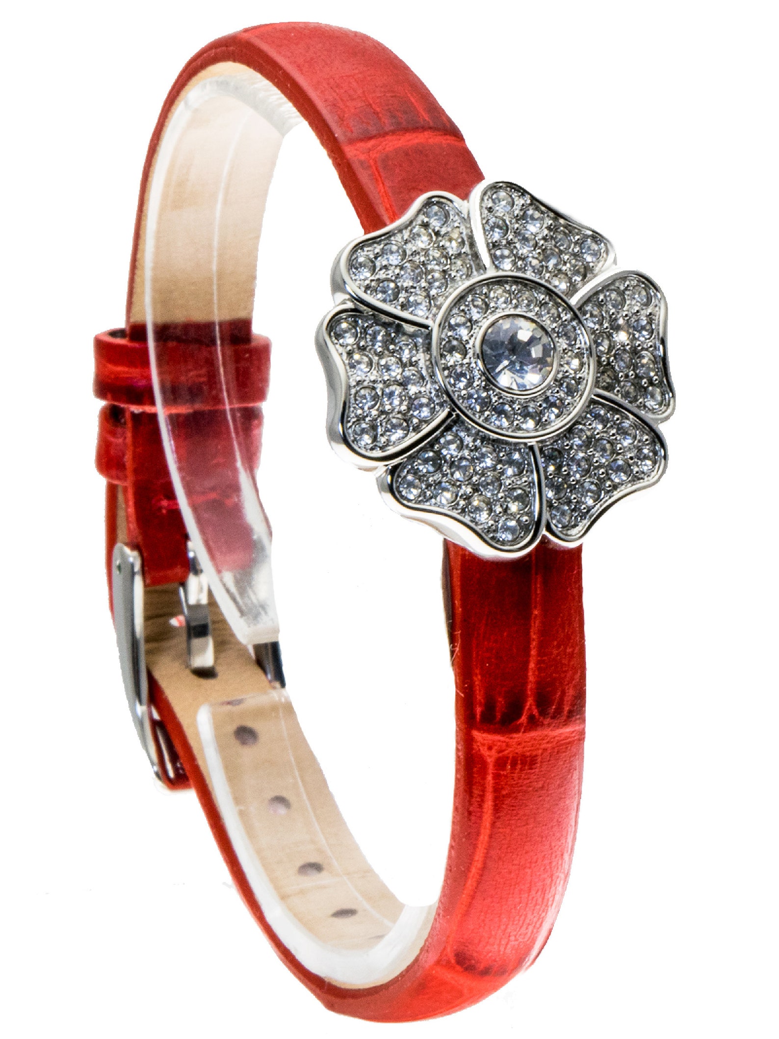Womens' Genuine Red Leather Band Bracelet With Stainless Steel Flower ...