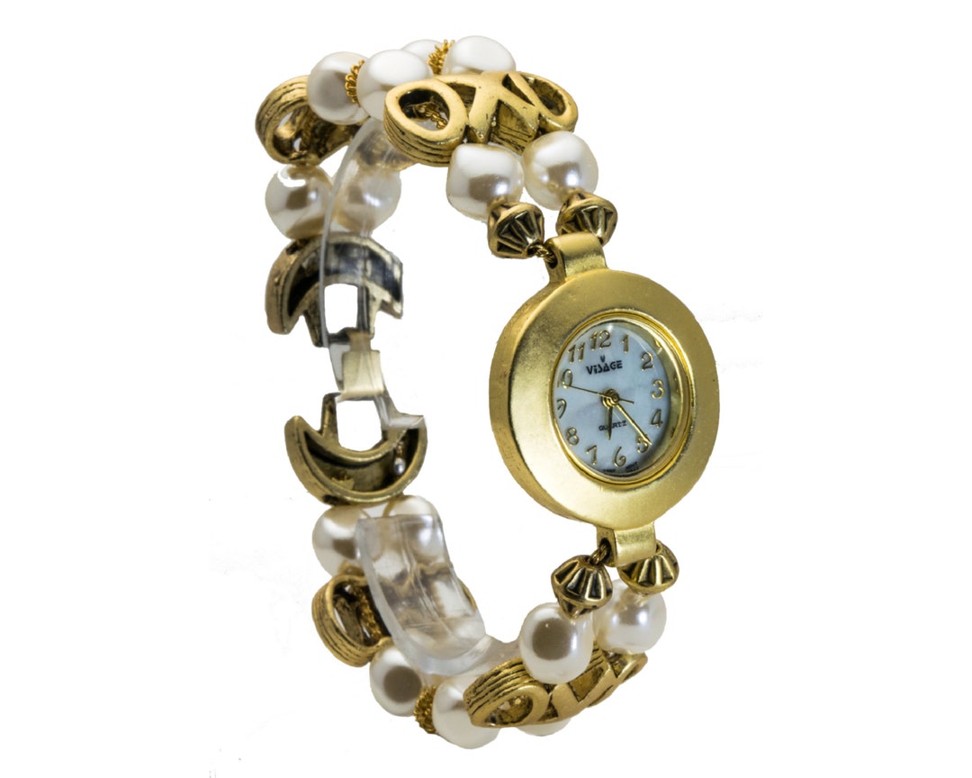 Pearls Bracelet Watch, Antique Gold, White Face, 7.5 Inches - Etsy
