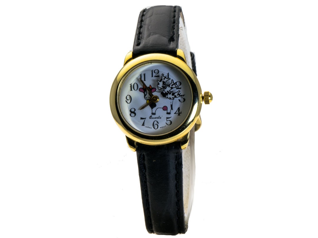 COW MOVING WATCH, Wrist Cow Face Watch. Black Genuine Leather , Small ...