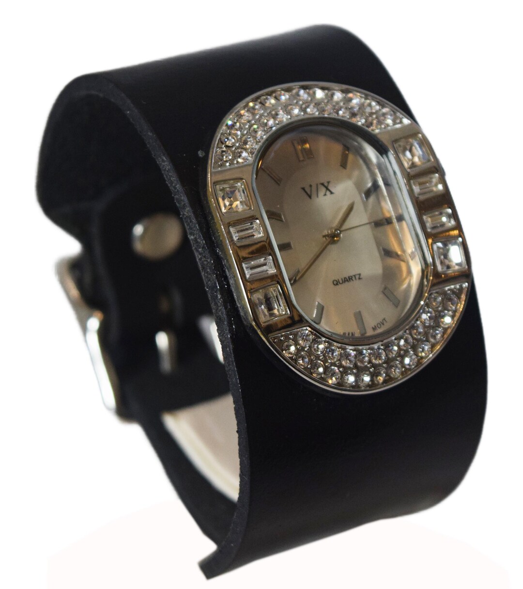 Rhinestone Cuff Watch, Handmade Leather Band, Art Deco Style - Etsy