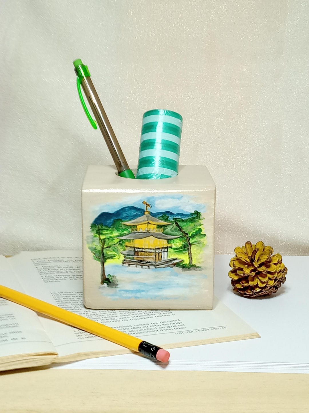 Golden Pavilion Kyoto Pen Holder - Hand Painted Desk Organizer - Zen ...