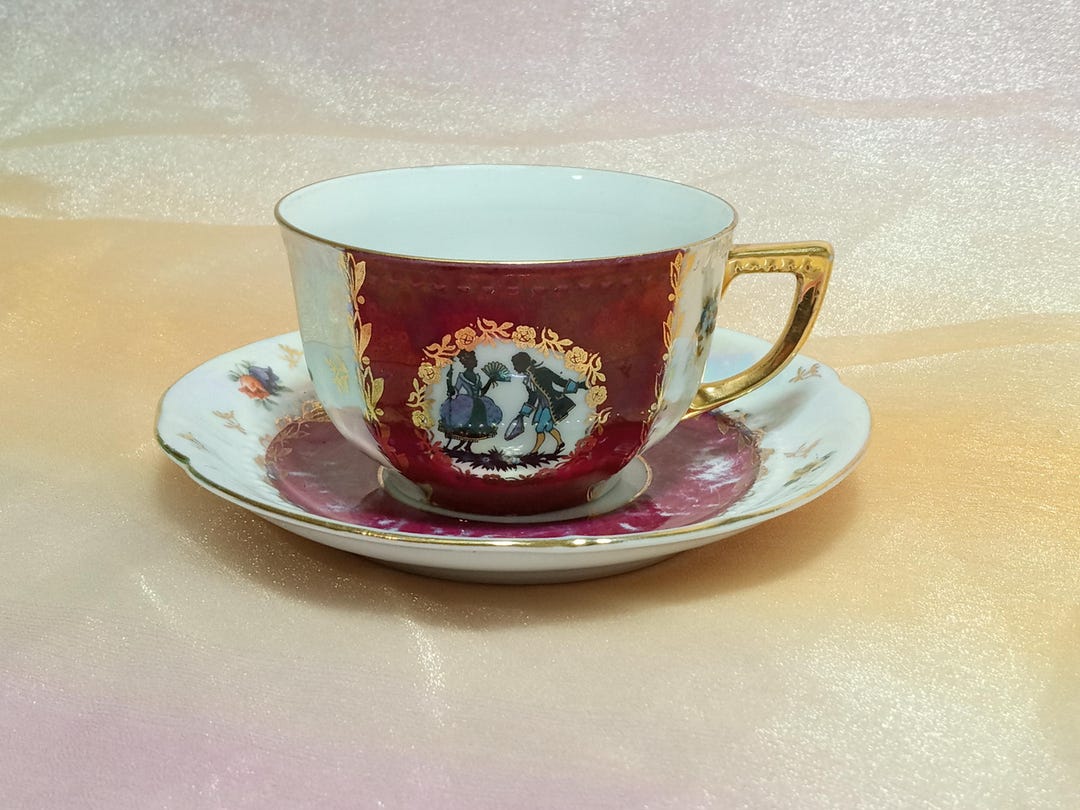 Vintage German Porcelain Tea Cup and Saucer Set - Maroon and Gold With ...