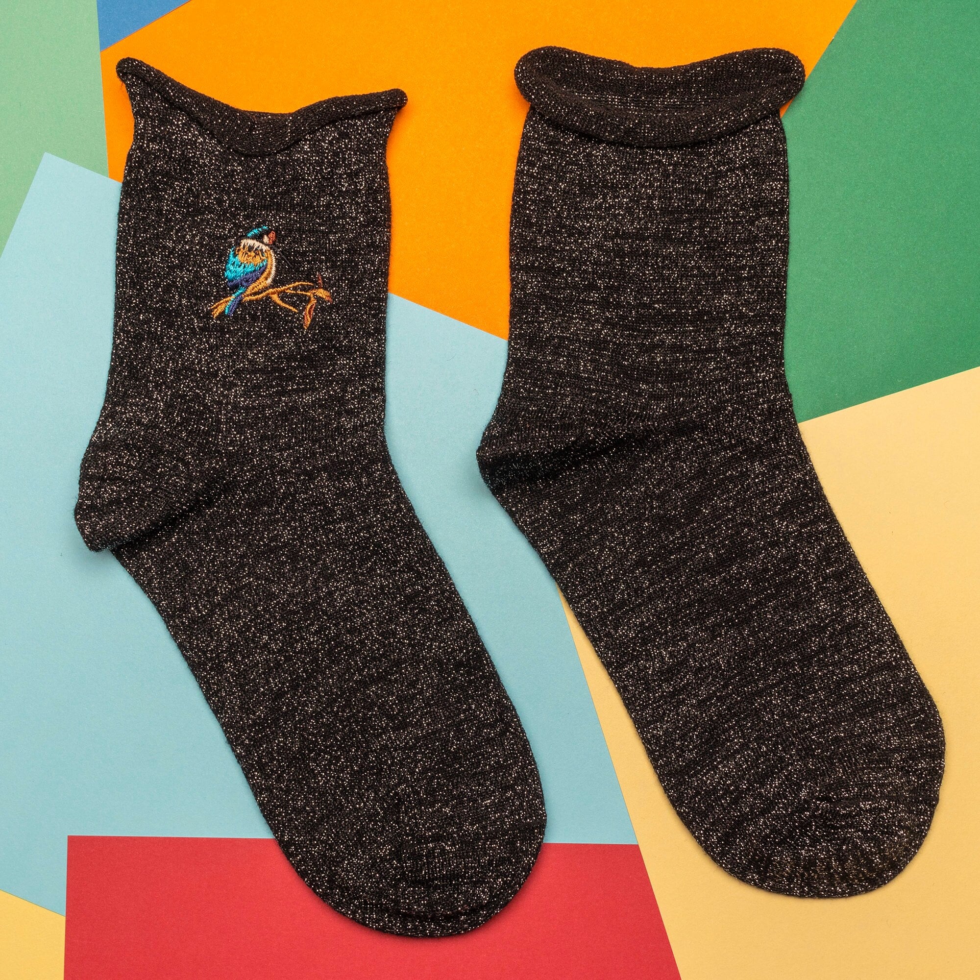 Embroidered Bird Socks Black Silver Glitter Socks Cute - Etsy