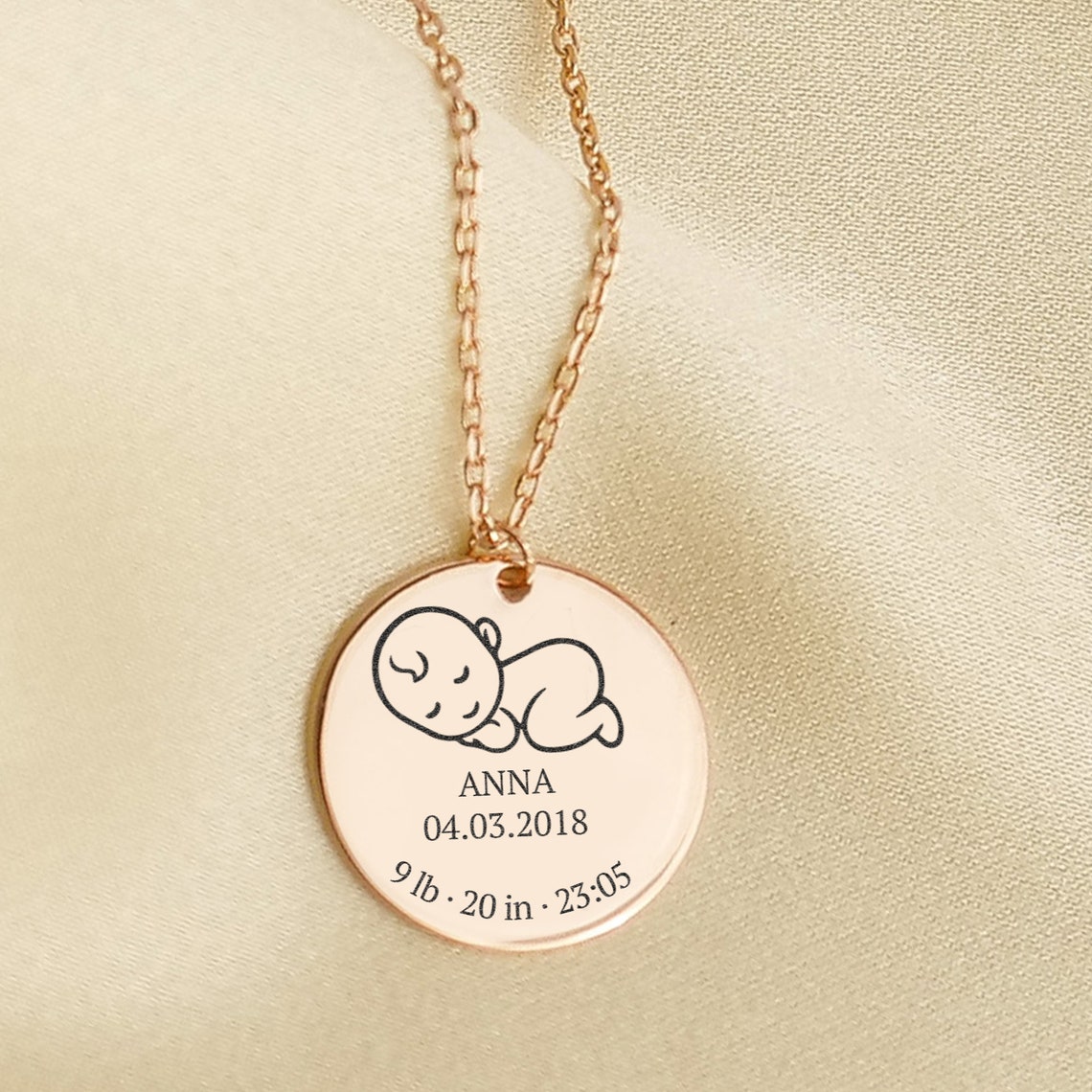 925 SILVER Engraved Baby Birth Necklace, New Mom Necklace With Baby ...