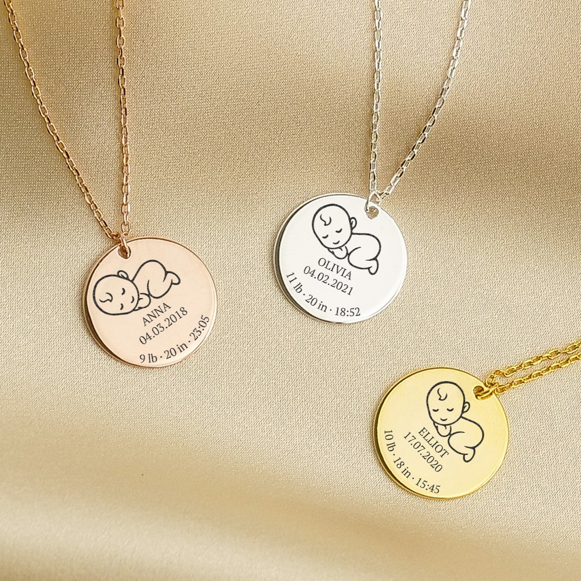 925 SILVER Engraved Baby Birth Necklace, New Mom Necklace With Baby ...