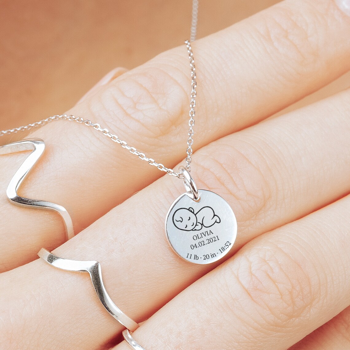 925 SILVER Engraved Baby Birth Necklace, New Mom Necklace With Baby ...