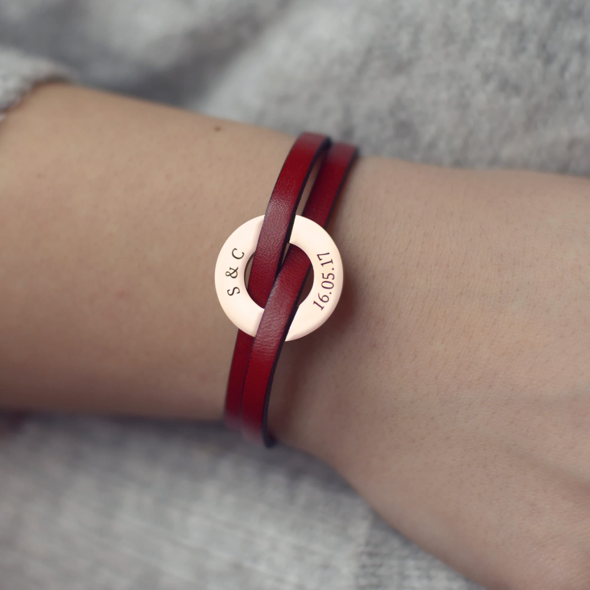 Leather Red Bracelet With Custom Engraving. Engraved Leather Wristband ...