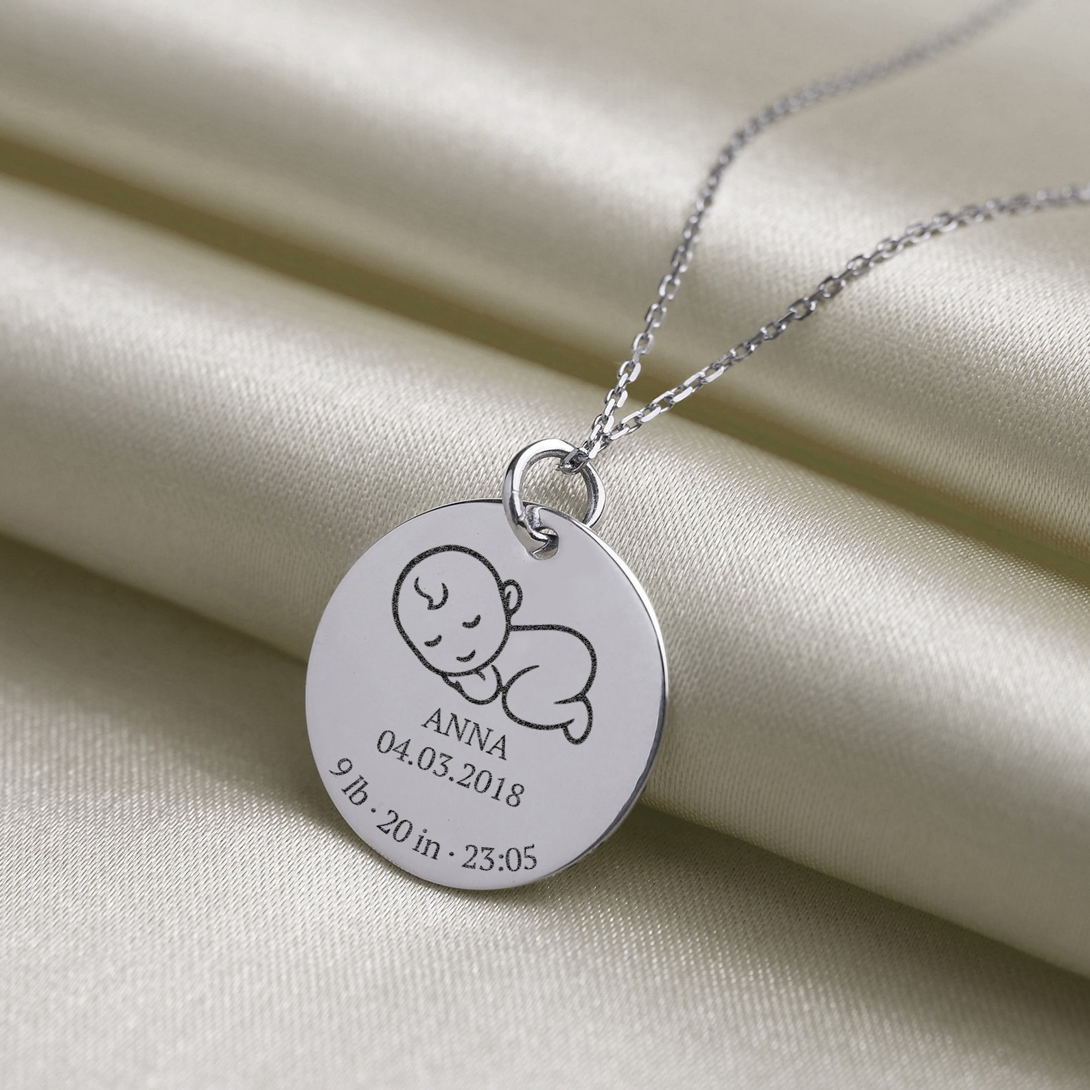 925 SILVER Engraved Baby Birth Necklace, New Mom Necklace With Baby ...