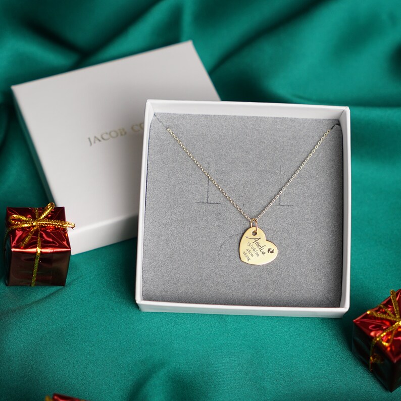 BABY BIRTH Gold Necklace, Personalized Neart Necklace, New Mom Jewelry ...