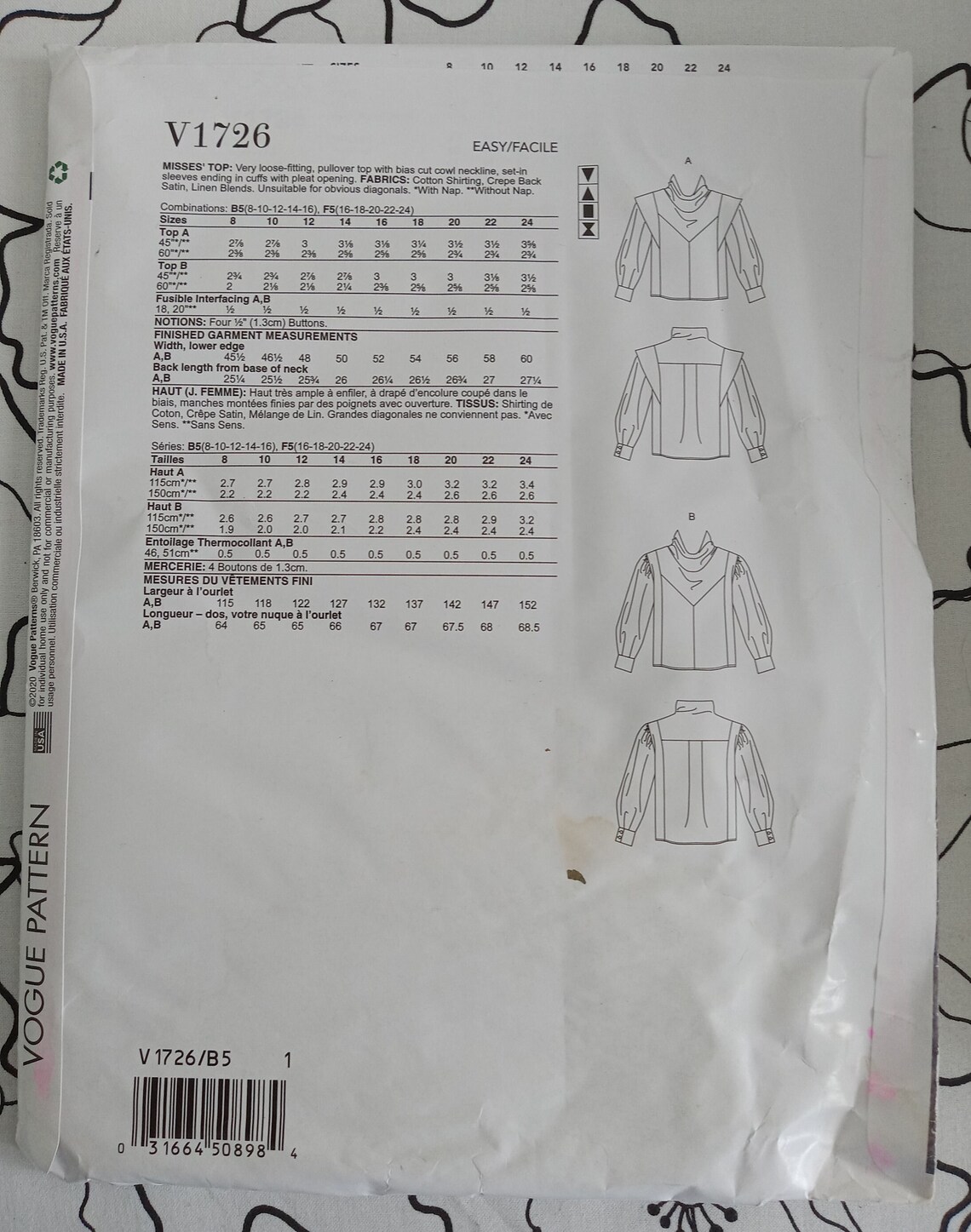 Vogue 1726, Large Format Blouse Pattern, UC/FF - Etsy