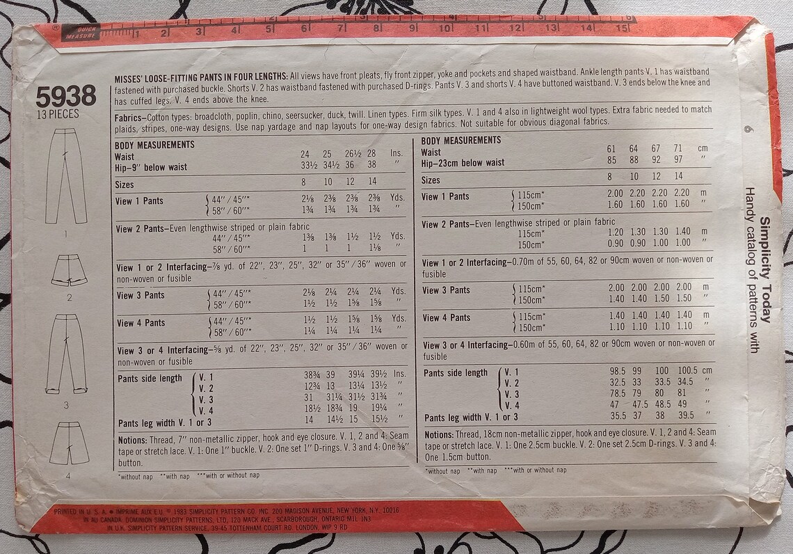Vintage Simplicity 5938, Bottoms Pattern, UC/FF - Etsy