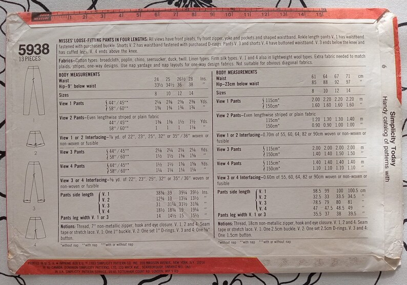 Vintage Simplicity 5938, Bottoms Pattern, UC/FF - Etsy