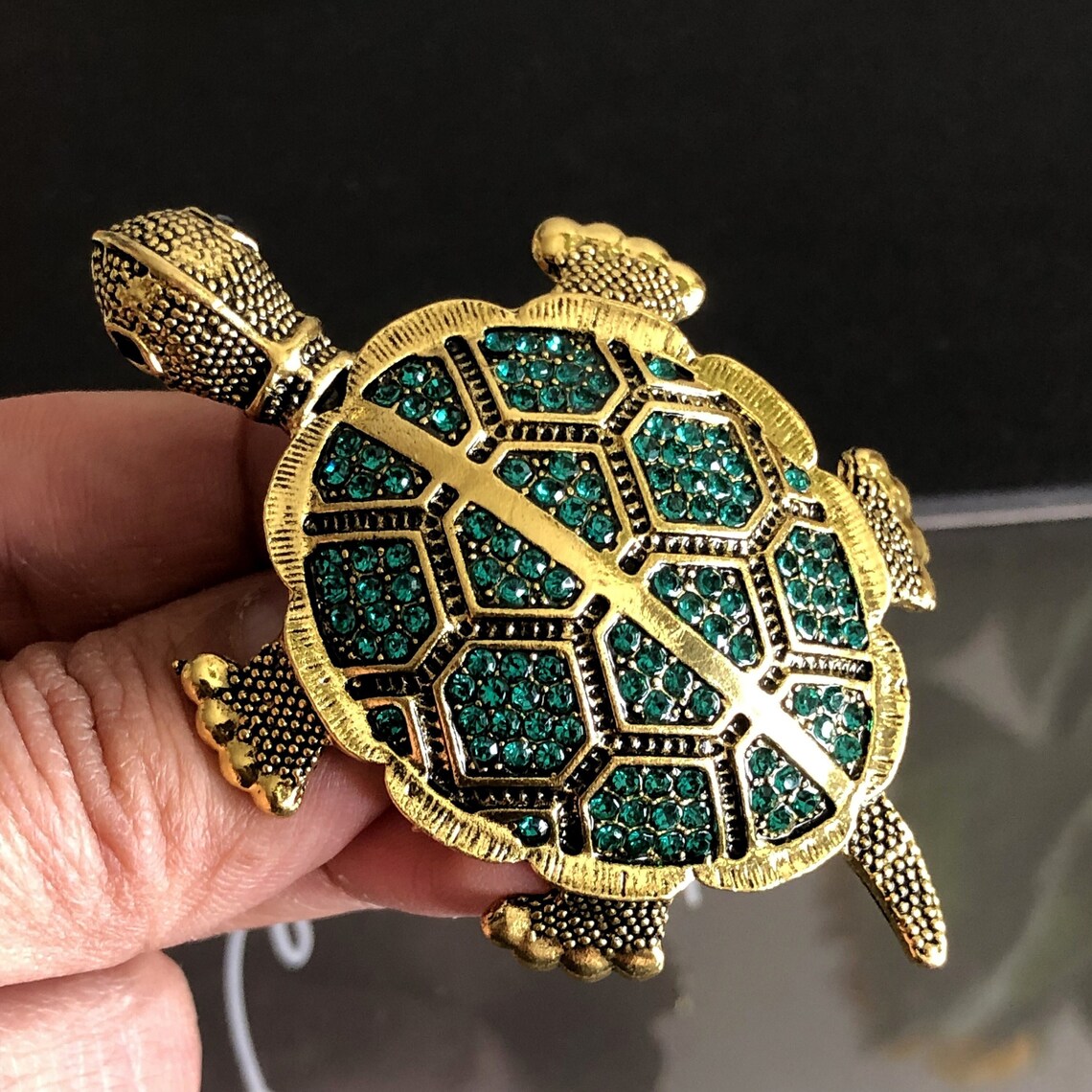 Large Turtle Brooch Pin: Emerald Green Rhinestone Tortoise Jewelry - Etsy
