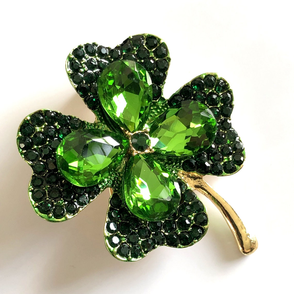 Four Leaf Clover Brooch, Crystal Rhinestone Floral Pin Brooch, Green ...