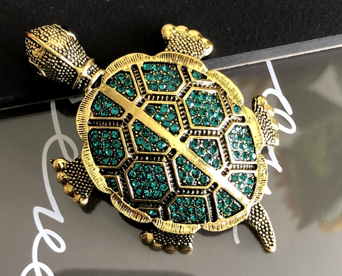 Large Turtle Brooch Pin: Emerald Green Rhinestone Tortoise Jewelry - Etsy