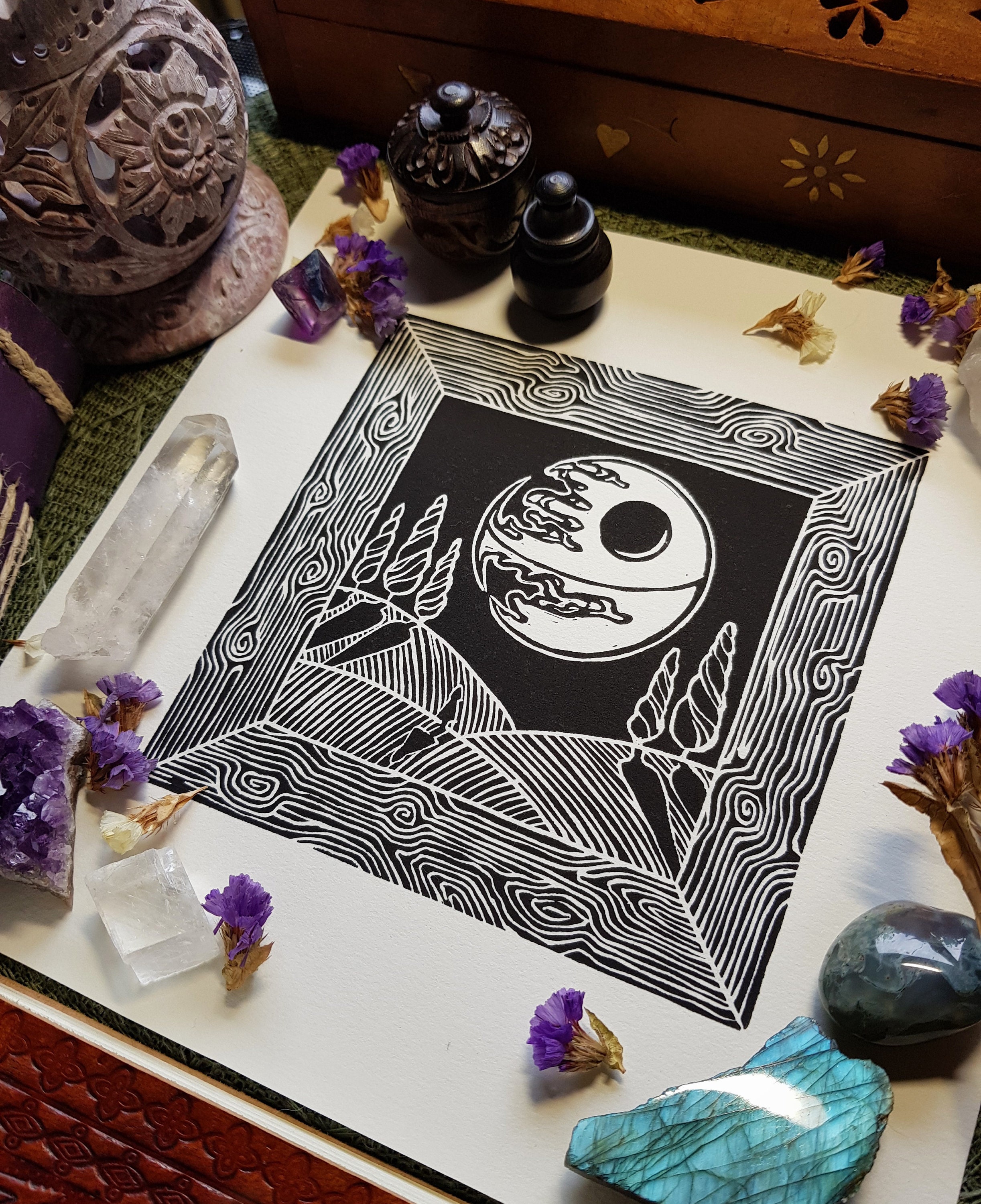 Linoprint - "death Moon", Original Artwork, Fantasy/sci-fi Art ...