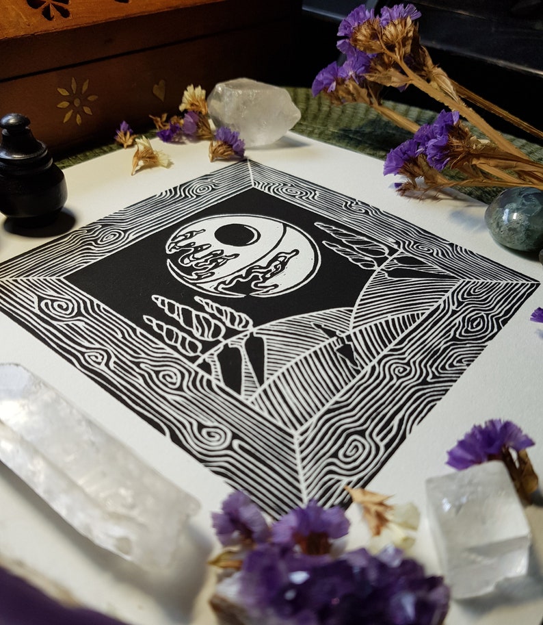 Linoprint - "death Moon", Original Artwork, Fantasy/sci-fi Art ...